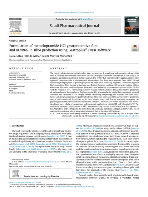 Pdf Formulation Of Metoclopramide Hcl Gastroretentive Film And In Vitro In Silico Prediction
