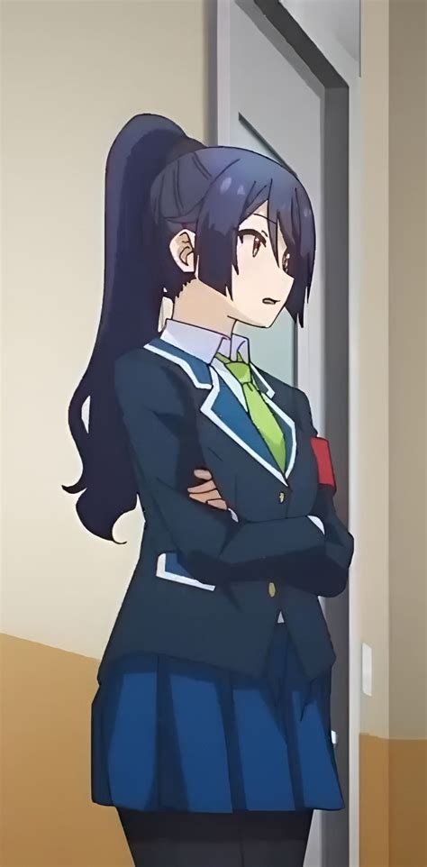 An Anime Girl With Her Arms Crossed Standing In Front Of A Door