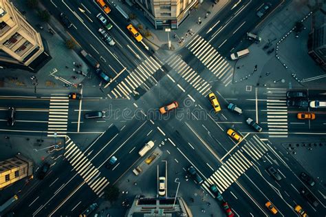 An Overhead Perspective Of A Bustling Urban Intersection With Cars Pedestrians And Traffic