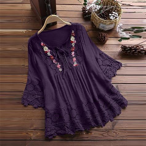 Egzmbll Womens Plus Size Cotton Tunic Tops Lace Pleated Short Sleeve