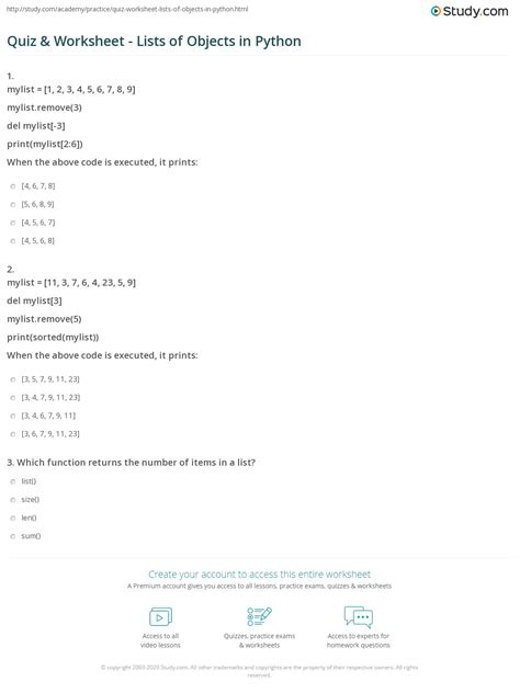 quiz and worksheet lists of objects in python