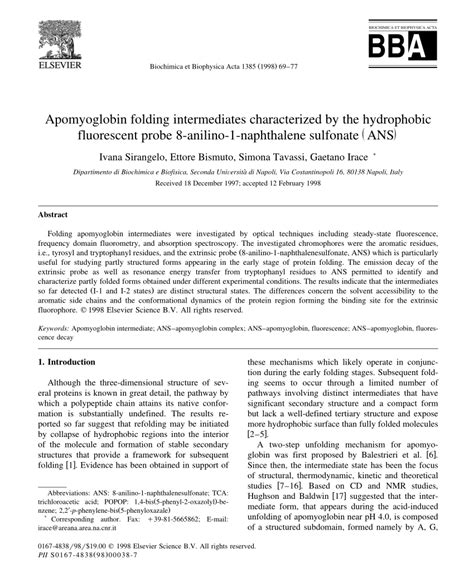 Pdf Apomyoglobin Folding Intermediates Characterized By The Hydrophobic Fluorescent Probe 8