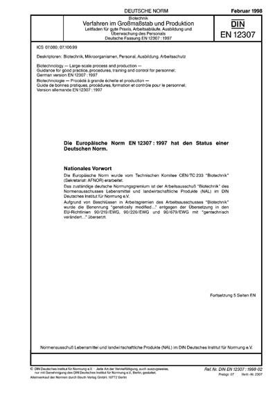 DIN EN 12307:1998 DE - Biotechnik - Verfahren im Großmaßstab und ...