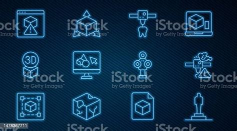 라인 3d 프린터 모델 경고 치아 소프트웨어 아이소 메트릭 큐브 스캐너 및 아이콘을 설정합니다 벡터 0명에 대한 스톡 벡터 아트