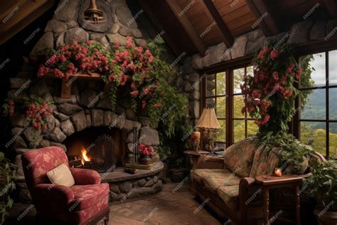 A Cozy Cottage Living Room With A Stone Fireplace Flora Premium Ai