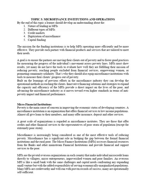 Topic 3 Microfinance Institutions And Operations Pdf Microfinance Poverty