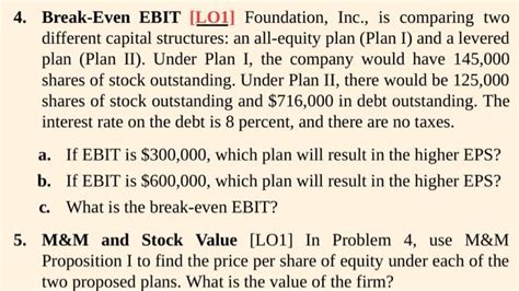 Solved 4 Break Even Ebit [lo1] Foundation Inc Is