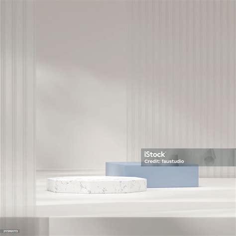 젖빛 유리와 그림자가 있는 정사각형의 흰색과 파란색 연단의 3d 렌더링 모형 템플릿 0명에 대한 스톡 사진 및 기타 이미지 0명 3차원 형태 강단 Istock