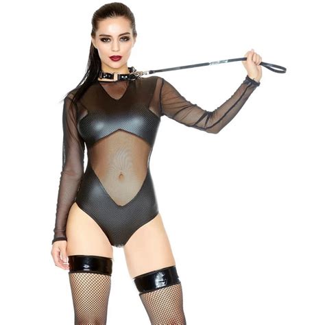 Plus Size S Xxl Erotic Vinyl Leather See Through Mesh Bodysuit Lingerie