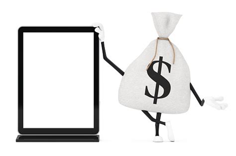 빈 무역 쇼 Lcd 화면 디스플레이 디자인에 대한 템플릿으로 스탠드와 함께 소박한 캔버스 리넨 돈 자루 또는 돈 가방과 달러 기호 문자 마스코트 묶여 3d 렌더링 Lcd에