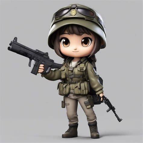 Premium Ai Image A Chibi Cartoon Tyle3dbrazilian Army Character Girl With Gun Jacket Using A