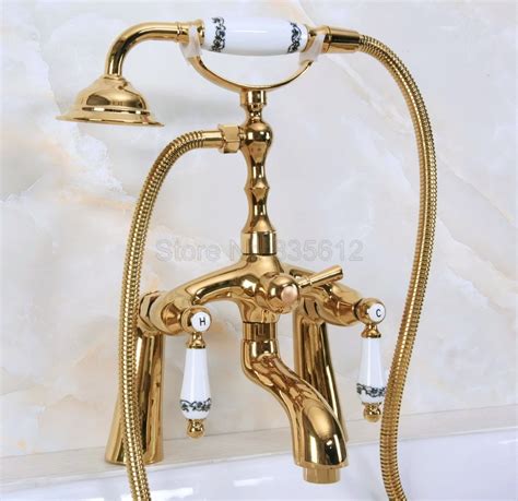 Deck Mounted Gold Color Brass Bathroom Tub Faucet Set Hand Shower