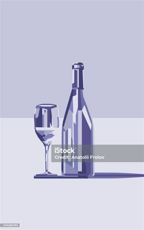 와인 한 병과 그 옆에는 트렌디 한 매우 페리 컬러의 추상적 인 모자이크 스타일의 와인 한 잔이 있습니다 단색 2022년에 대한 스톡 벡터 아트 및 기타 이미지 Istock