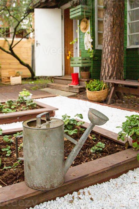 Metal Watering Can Placed In A Vegetable Garden Square With Vegetables