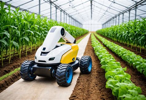 Agriculture Robot In Greenhouse Future 5g Technology Autonomous Farming Concept Stock