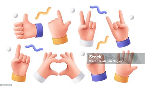 3d 손 제스처 아이콘 세트입니다 다양한 감정을 표현하는 재미있는 손 엄지 손가락 손바닥 평화 표시 및 마음 소셜 미디어를 위한 디자인 요소 현실적인 벡터 일러스트 레이 션