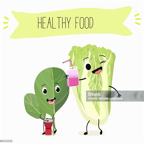 재미있는 캐릭터 배추 양상추 양배추 북경 시금치가 있는 삽화 재미 있고 건강한 음식 비타민 샐러드 귀여운 얼굴 음식 재료 채식