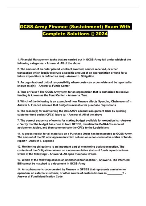 Gcss Army Finance Sustainment Exam With Complete Solutions 2024 Gcss Army Finance Stuvia Us