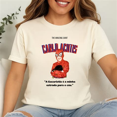 Camiseta Unissex Estampada São Carlo Acutis Homem Aranha 100 Algodao