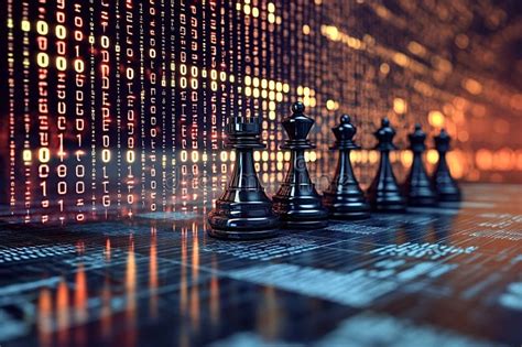 chess pieces standing on digital board with binary code background stock image image of