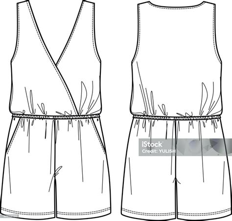 벡터 여성 랩 점프 슈트 기술 도면 주머니와 신축성있는 허리 밴드 패션 Cad 템플릿 플랫 스케치 모형이있는 민소매 점프 슈트 저지 또는 직물 점프 슈트 화이트 컬러 0명에