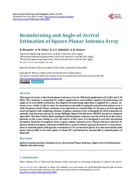 Pdf Beamforming And Angle Of Arrival Estimation Of Square Planar