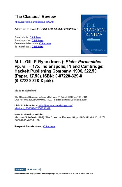 Pdf M L Gill P Ryan Trans Plato Parmenides Pp Viii 175