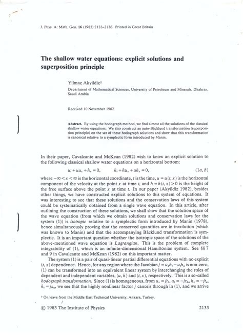 Pdf The Shallow Water Equations Explicit Solutions And Superposition Principle