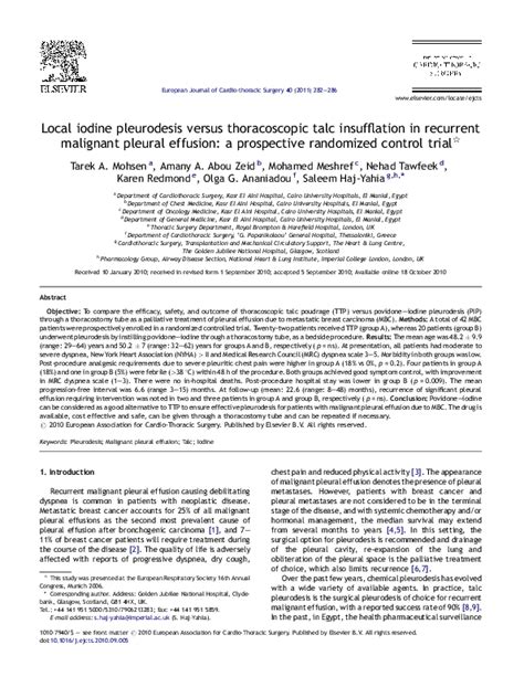 Pdf Local Iodine Pleurodesis Versus Thoracoscopic Talc Insufflation In Recurrent Malignant