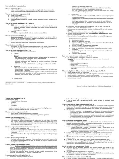 Notes On The Revised Corporation Code Pdf Board Of Directors Stocks