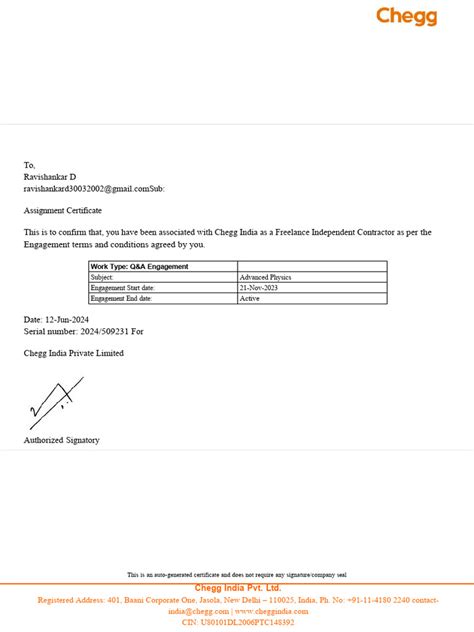 Assignment Certificate Pdf