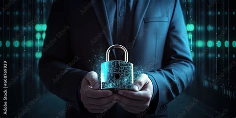 A Business Person Holding A Lock Representing Financial Data Protection Cyber Security Themed