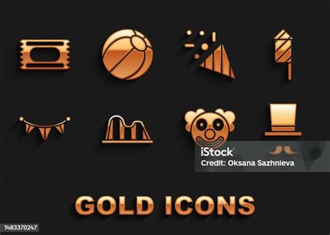 롤러코스터 불꽃놀이 로켓 마술사 광대 머리 깃발이 있는 카니발 화환 축제 색종이 서커스 티켓 및 비치볼 아이콘을 설정합니다 벡터 0명에 대한 스톡 벡터 아트 및 기타 이미지