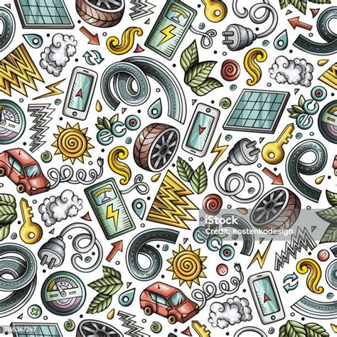 만화 귀여운 손으로 그린 전기 자동차 원활한 패턴 3차원 형태에 대한 스톡 벡터 아트 및 기타 이미지 3차원 형태 개체 그룹 건강한 생활방식 Istock