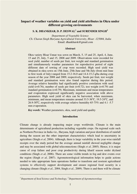 Pdf Impact Of Weather Variables On Yield And Yield Attributes In Okra Under Different Growing