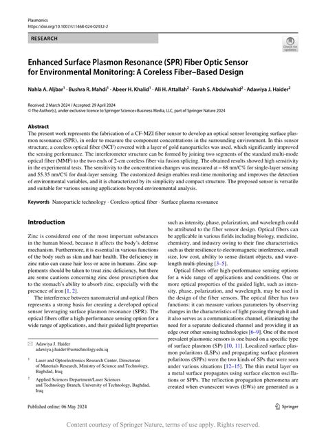 Enhanced Surface Plasmon Resonance Spr Fiber Optic Sensor For Environmental Monitoring A