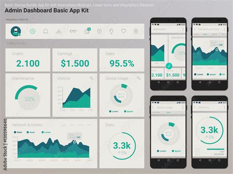 Vettoriale Stock Flat Design Responsive Admin Dashboard Ui Mobile App