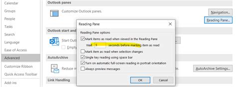 File Options Advanced Reading Pane Not Mark Auto Read To Come Back To Later Routlook