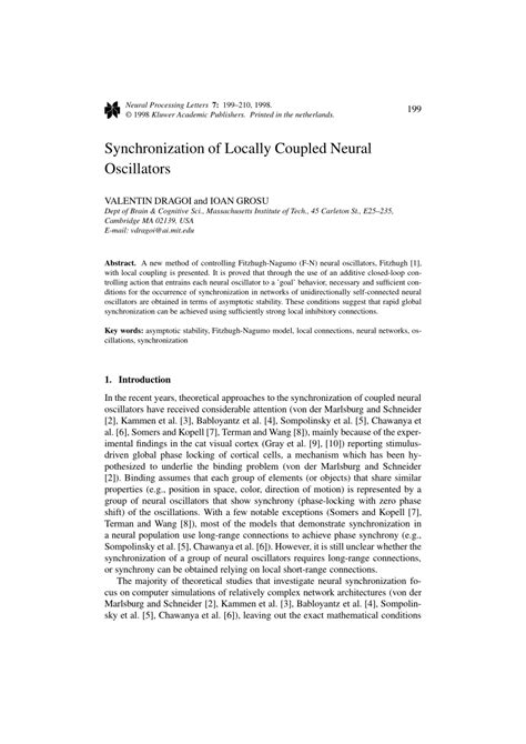 Pdf Synchronization Of Locally Coupled Neural Oscillators