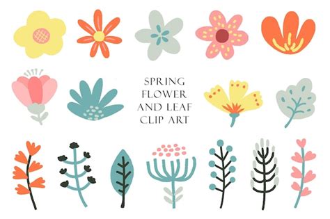 Premium Vector A Set Of Cute Colorful Hand Drawn Spring Flower And Leaf