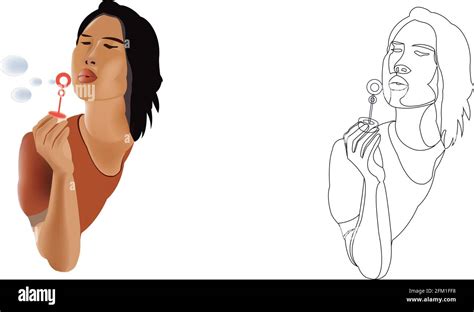 Illustration Of A Colored And Sketch Woman Blowing Soap Bubbles Isolated On White Background