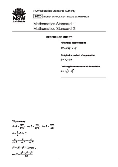 Nesa Reference Sheet Half Yearly Nsw Education Standards Authority 2020 Higher School