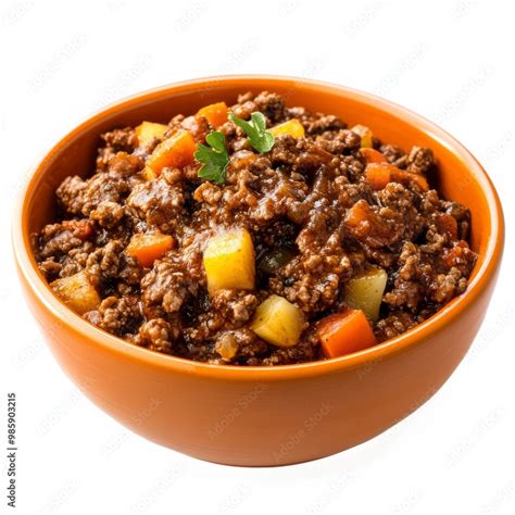 Picadillo Con Pasilla Is Served In An Orange Bowl On A Clean White