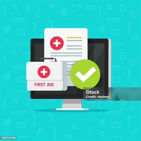 컴퓨터 벡터 플랫 만화 데스크톱 Pc 보험 문서 양식 약 처방 온라인 의료 애플 리 케이 션 인터넷 상담 이나 의료의 개념에 의료 물건 컴퓨터에 대한 스톡 벡터 아트 및