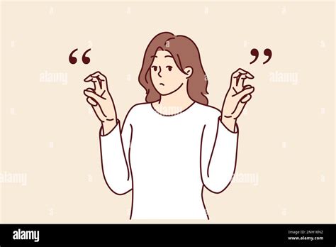 Young Woman Gesticulates With Quotation Marks With Fingers While Saying Sarcastic Words Or Hints