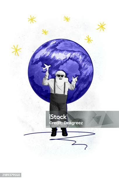 재미 있는 산타 클로스 잡기 비행기 비행 여행사 저렴한 비용 새해 분위기 크리스마스 축하 Xmas의 복합 콜라주 이미지 35 39세에 대한 스톡 사진 및 기타 이미지