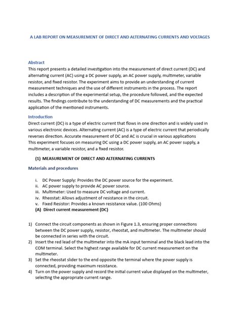 a lab report on measurement of direct and alternating currents and