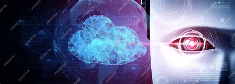 클라우드 컴퓨팅 기술을 사용하여 온라인 서버에 데이터를 저장하는 Ai 로봇 머신 러닝 프로세스 3d 렌더링 일러스트레이션으로 분석된 클라우드 정보 저장의 미래 개념