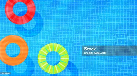 수영장 물 배경에 있는 수영 반지 풍선 고무 장난감 사실적인 여름 그림입니다 여름 방학 또는 여행 안전 용품 탑 뷰 수영 서클 고무에 대한 스톡 벡터 아트 및 기타 이미지
