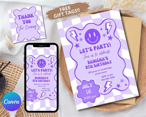 Purple Birthday Invites Girl Preppy Invitation Template Checkered Smile Bday Purple Smile